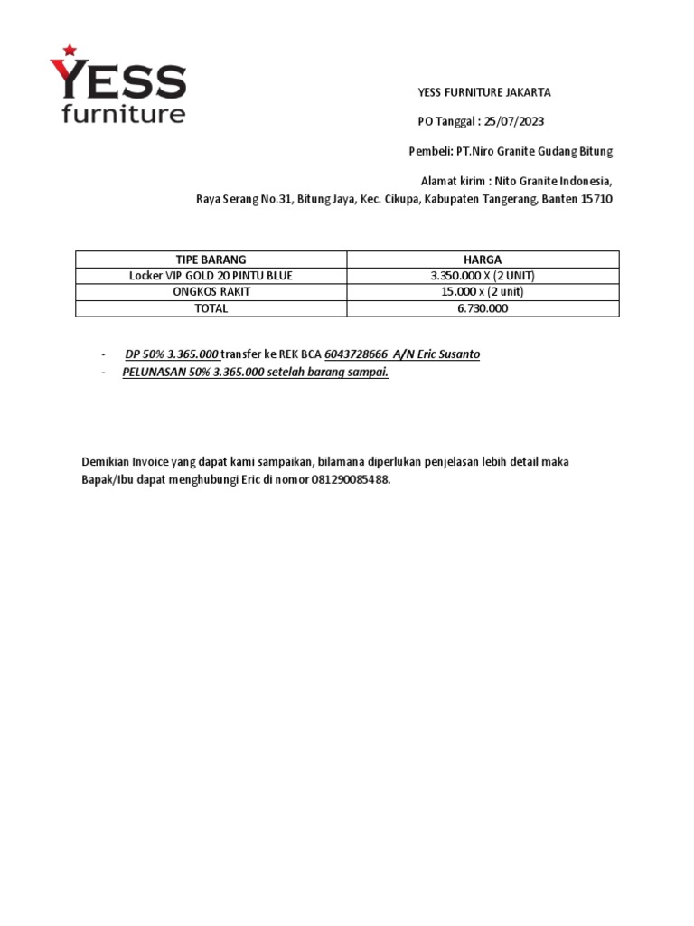 INVOICE YESSFURNITURE PT NITO GRANITE GUDANG BITUNG | PDF