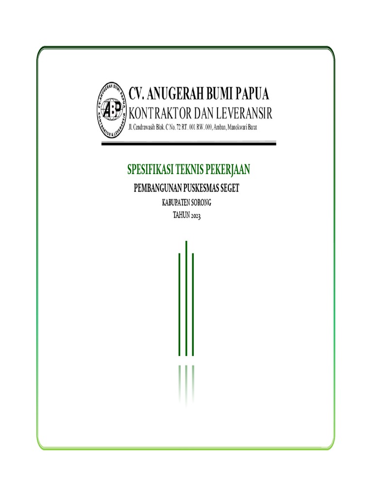 Spesifikasi Teknis Pekerjaan Konstruksi-Puskesmas Seget-Cv | PDF Spesifikasi Teknis Pekerjaan Konstruksi-Puskesmas Seget-Cv | PDF