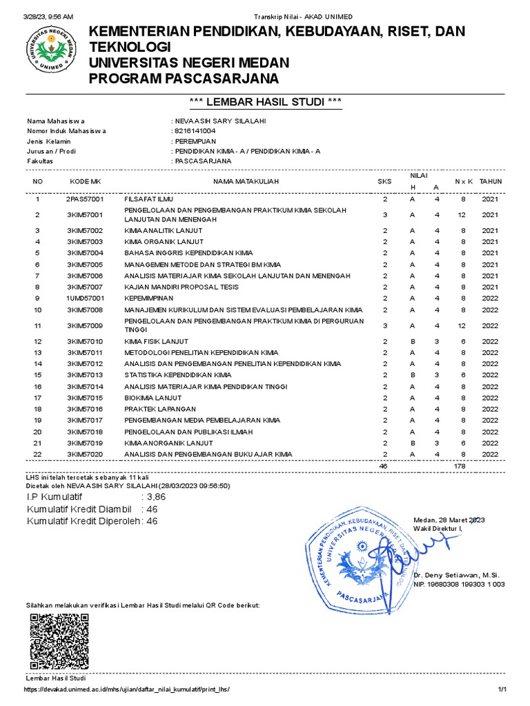 Transkrip Nilai - AKAD UNIMED | PDF