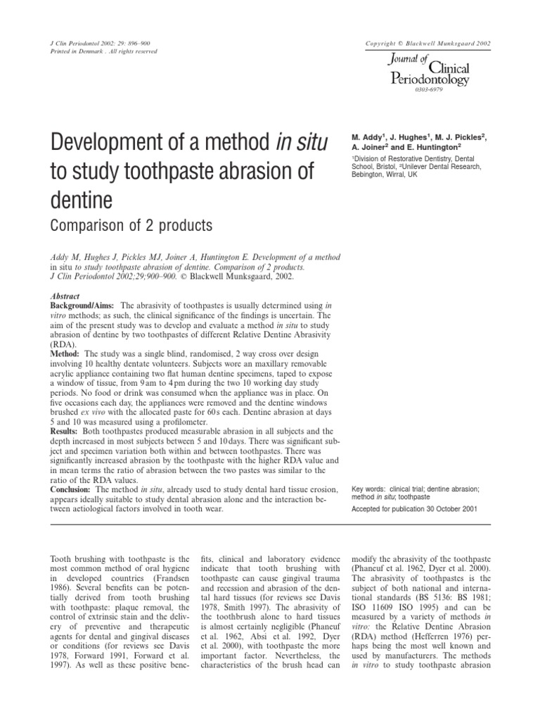Development of A Method in Situ To Study Toothpaste Abrasion of Dentine ...