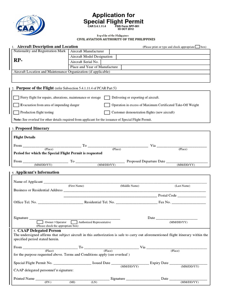 CAAP Application For Special Flight Permit | PDF | Aircraft | Aeronautics