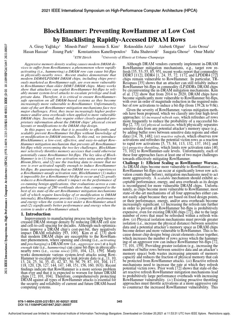 Blockhammer Preventing Rowhammer At Low Cost By Blacklisting Rapidly Accessed Dram Rows Pdf