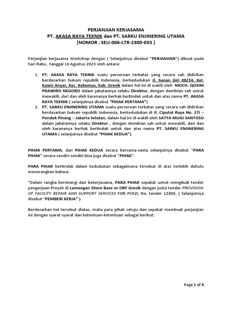 Draft Surat Perjanjian Kerjasama | PDF