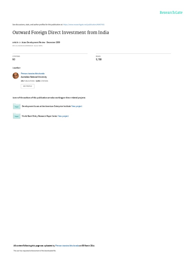 Outward Foreign Direct Investment From India | PDF | Foreign Direct ...