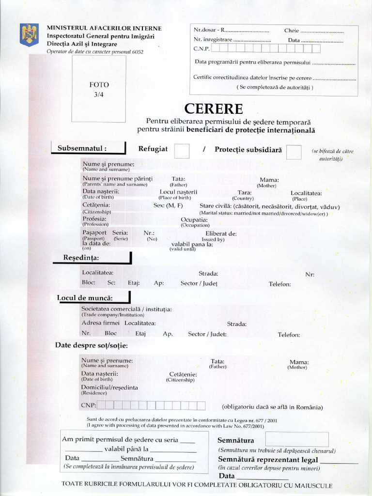 Cerere Eliberare Permis de Sedere Temporara Protectie Internationala | PDF