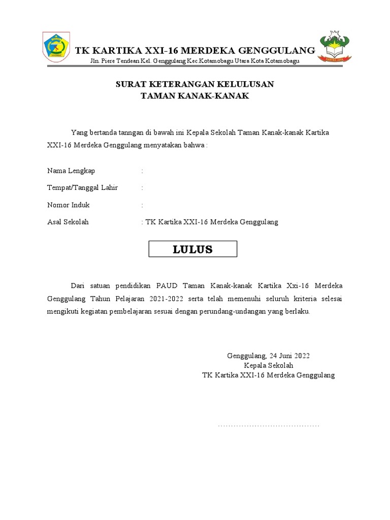 Surat Keterangan Kelulusan TK Kartika | PDF