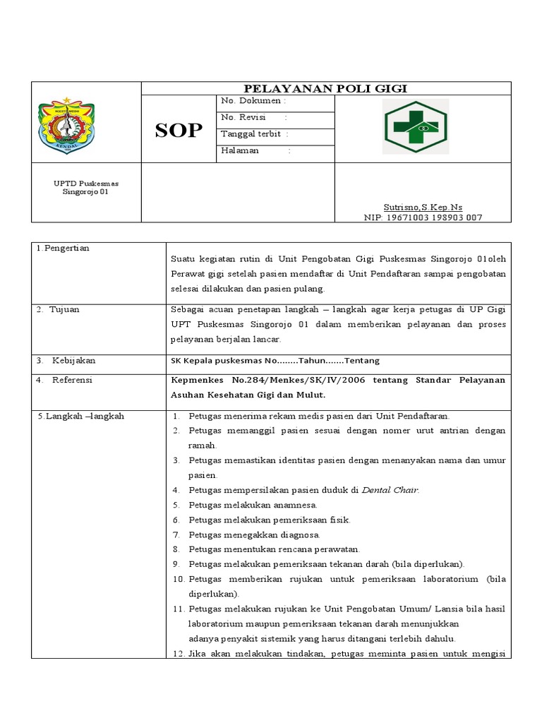 Sop Pelayanan Poli Gigi | PDF