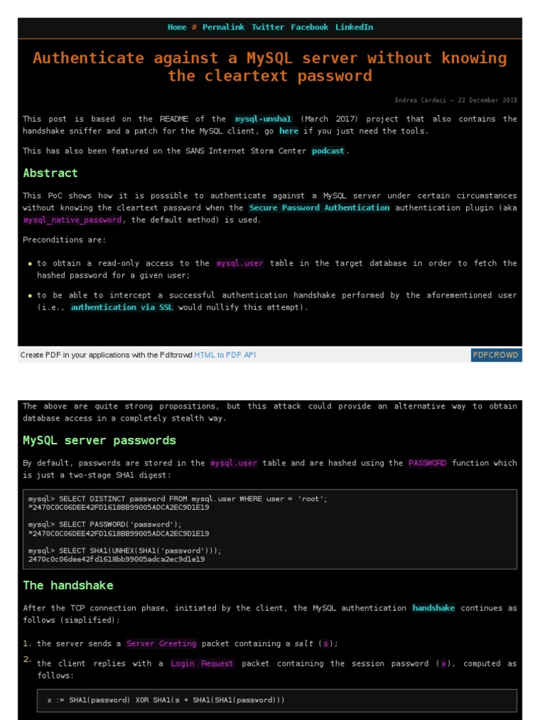Authenticate Against A Mysql Server Without Knowing The Cleartext