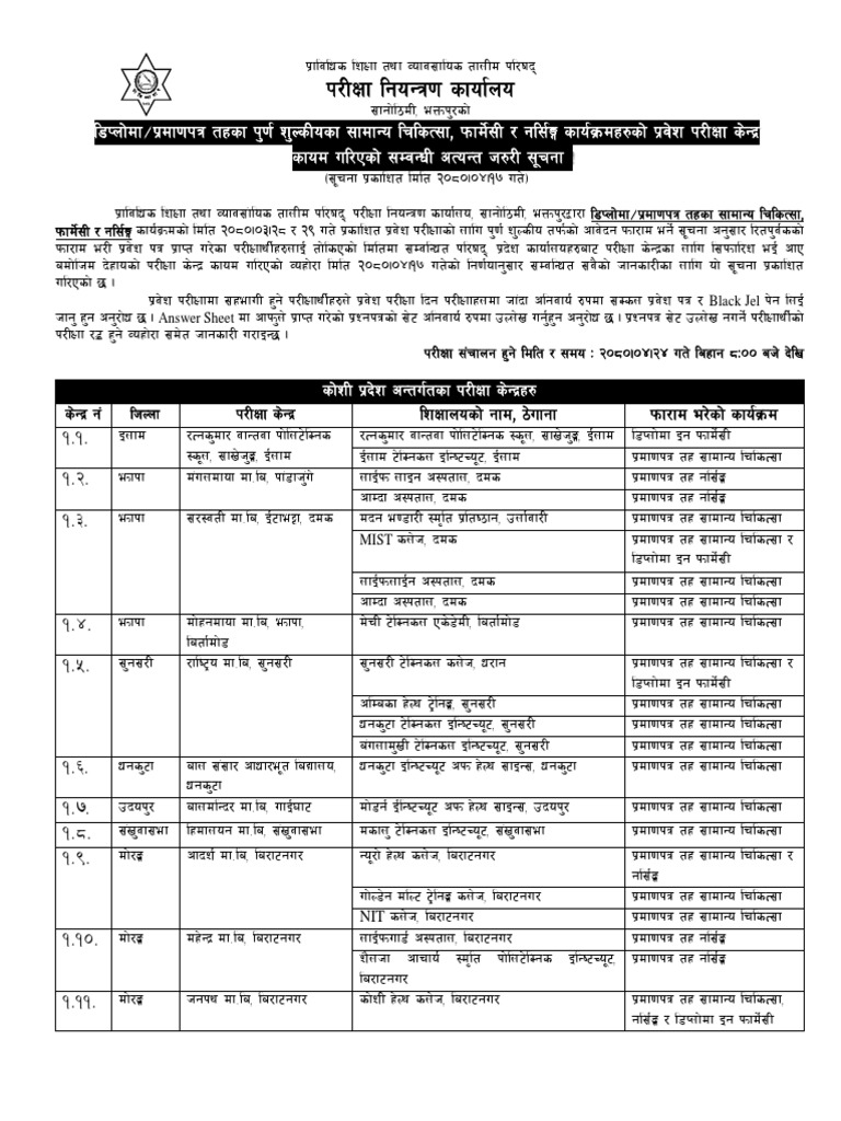 Diploma Level Full Fee Paying Entrance Exam Center Notice - 2080!04!17 ...