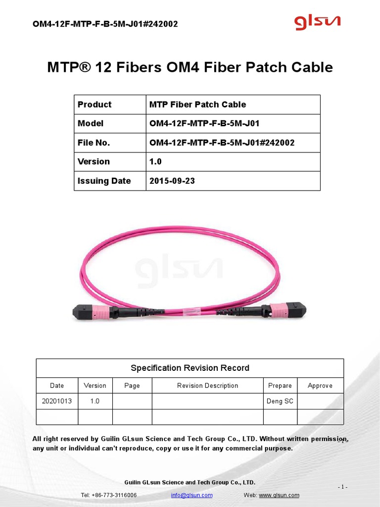 Om4 MM 12 Fiber MTP Female To MTP Female Type B 5m Fiber Patch Cord ...