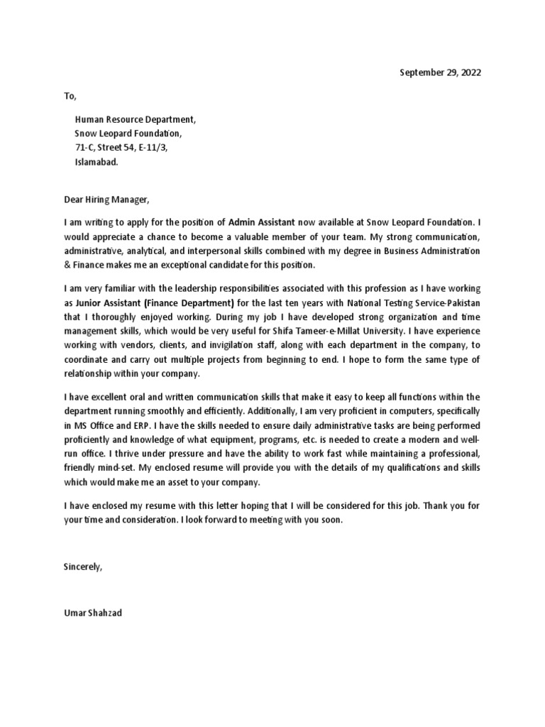 Cover Letter - Admin Assistant | PDF