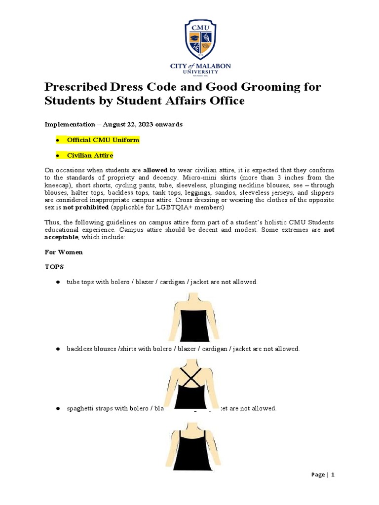 Prescribed Dress Code and Good Grooming For CMU Student by SAO | PDF | Hairstyle | Dress
