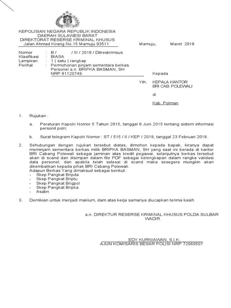 Surat Pinjam Berkas Di BRI | PDF