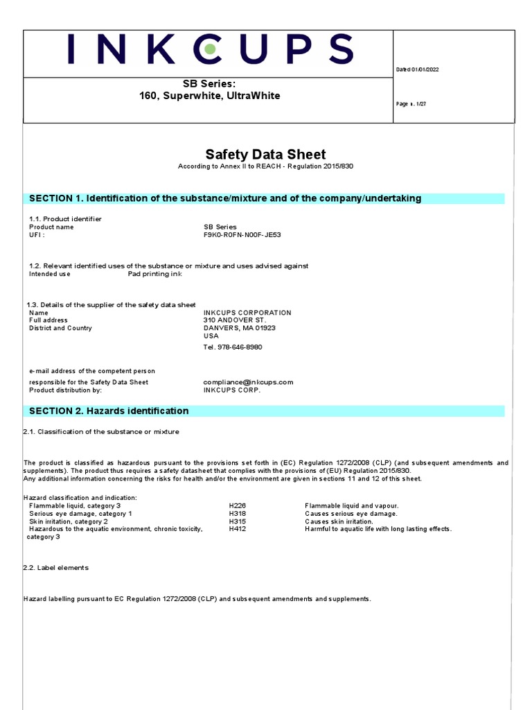 Sapphire Ink SB Series Whites - Msds | PDF | Safety | Working Conditions