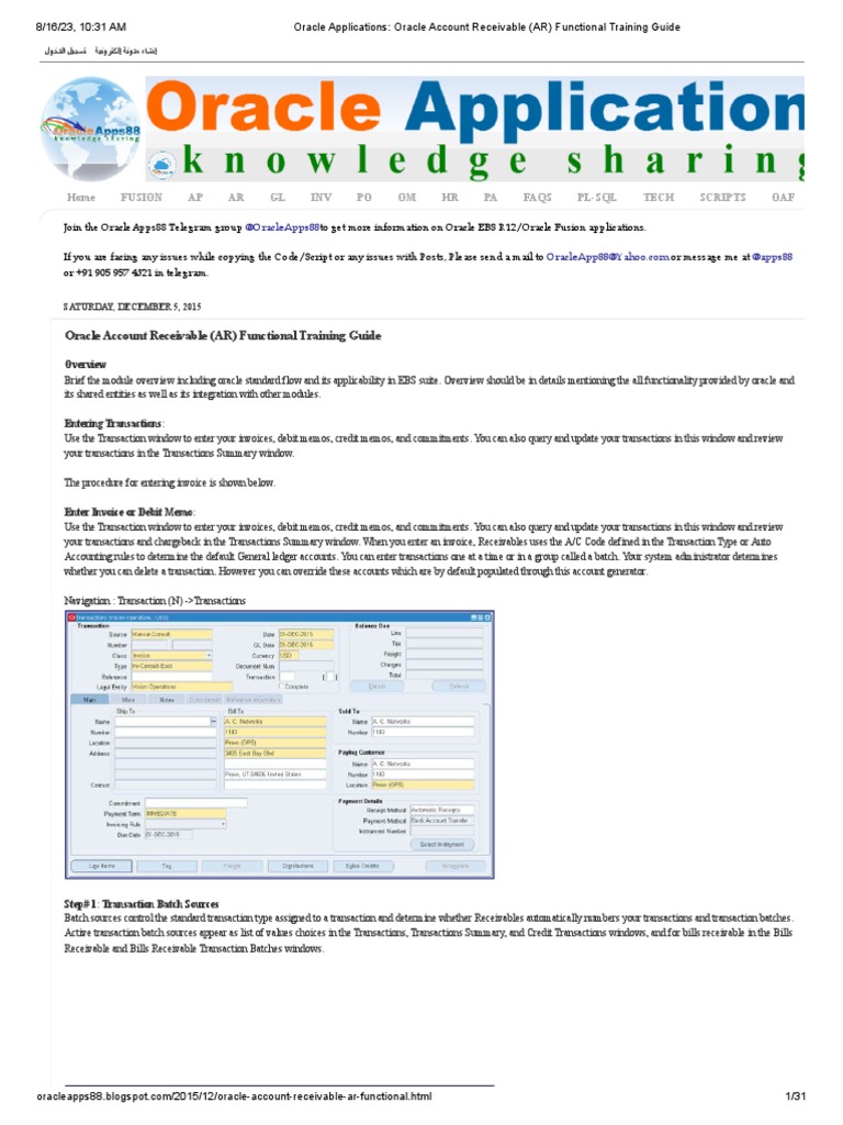 Oracle AR Functional Training Guide | PDF | Invoice | Receipt
