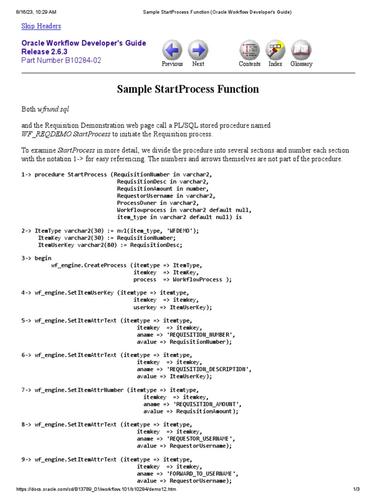 Sample StartProcess Function (Oracle Workflow Developer's Guide) | PDF