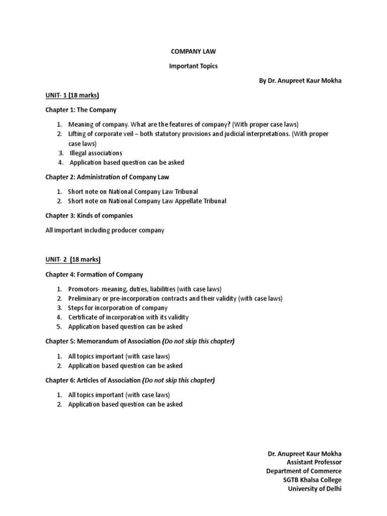 Company Law (Important Topics) | PDF