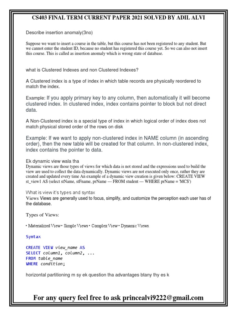 Cs403 Final Term Current Paper Subjective 2021 Solved by Prnce Alvi | PDF | Database Index ...