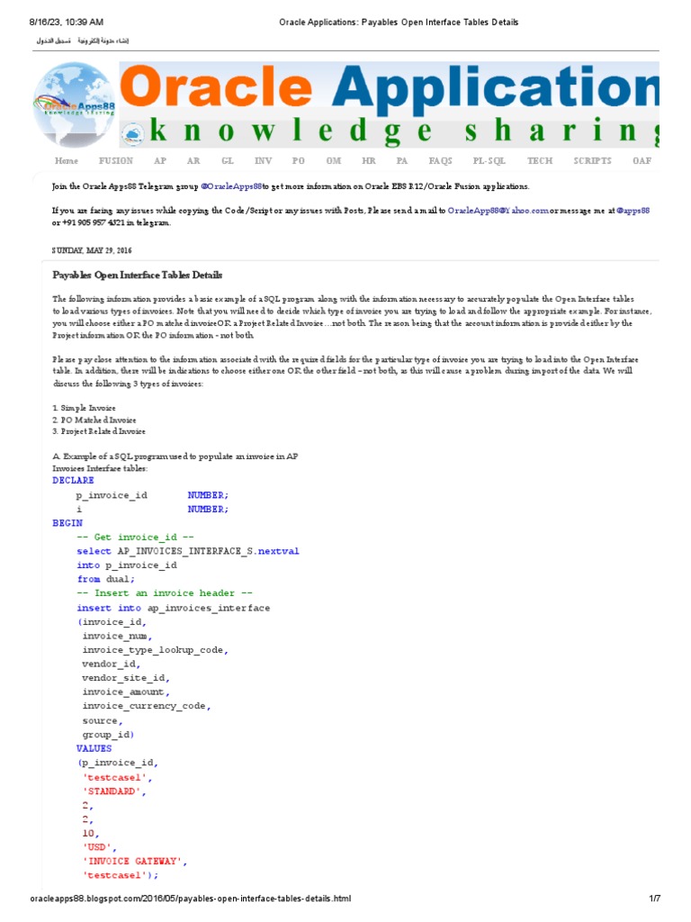 Oracle Applications Payables Open Interface Tables Details Pdf