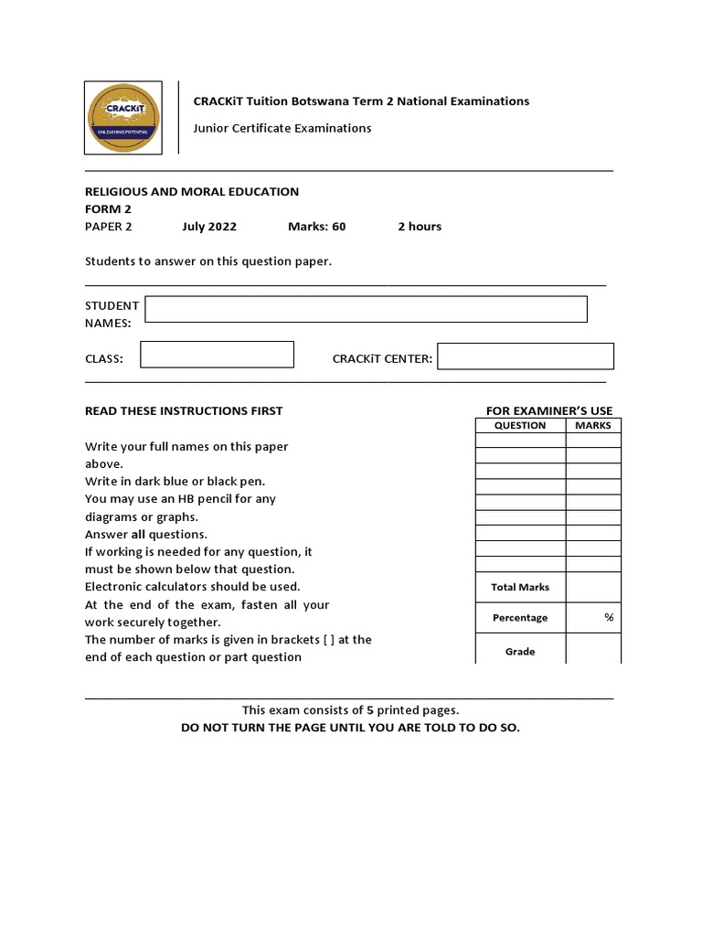 Form 2 Re Paper 2 | PDF | Faith