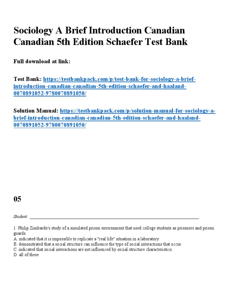 Sociology A Brief Introduction Canadian Canadian 5th Edition Schaefer ...