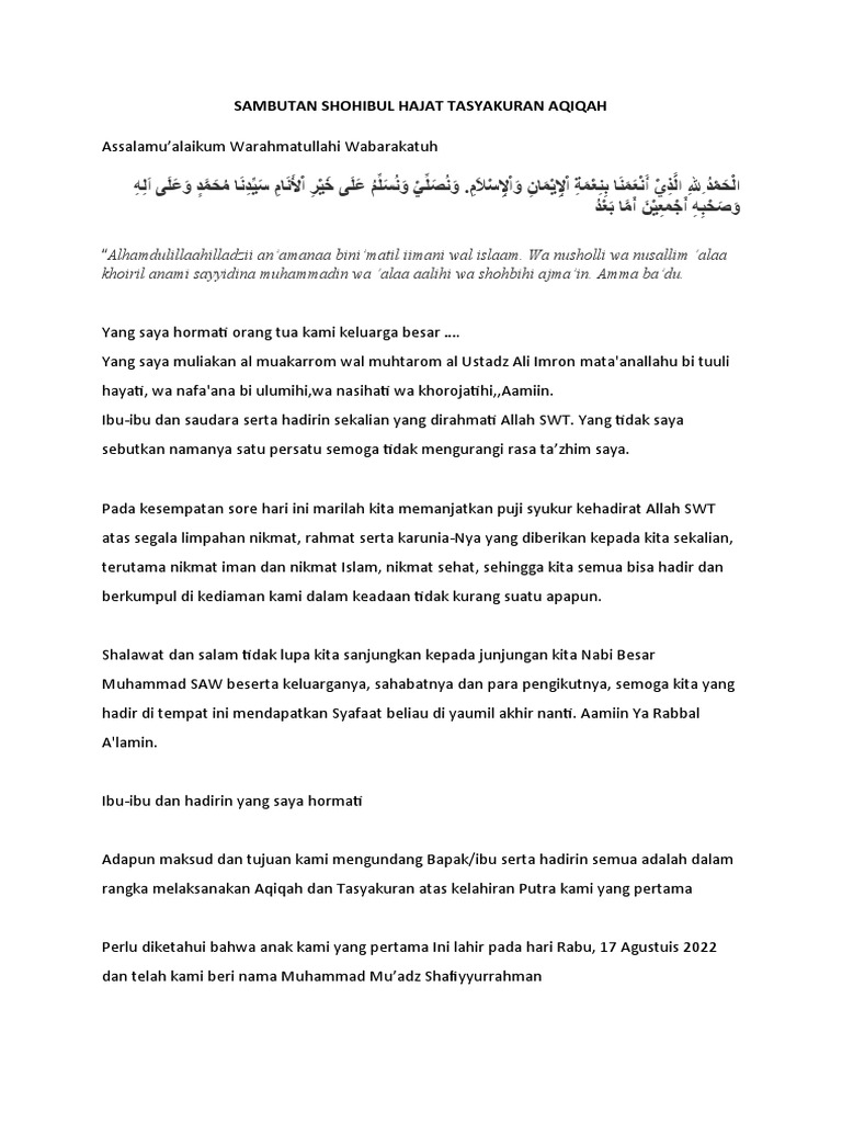 Sambutan Shohibul Hajat Tasyakuran Aqiqah | PDF