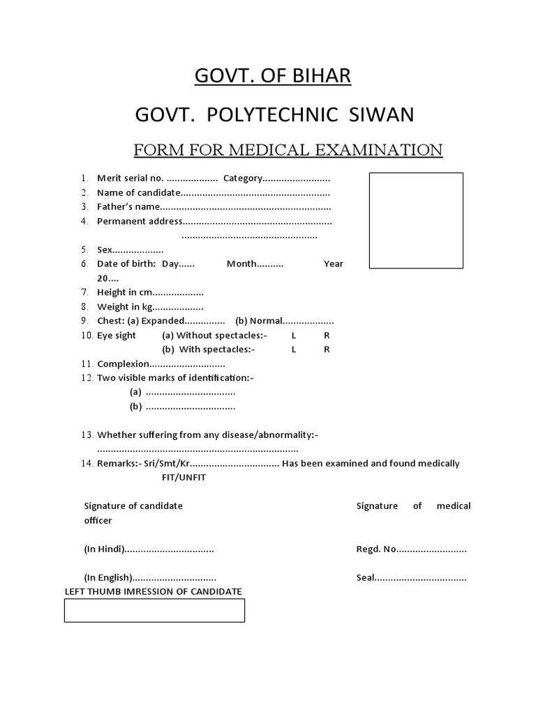 Polytechnic Medical Examination Form | PDF | Technology & Engineering ...