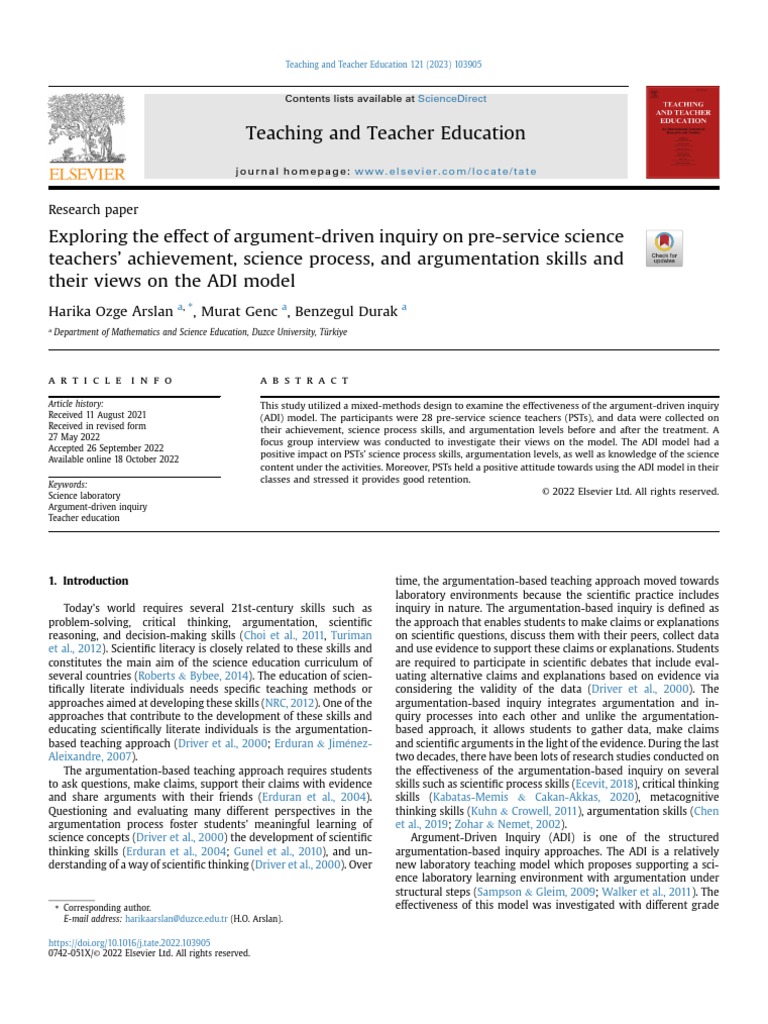 terj ADI Exploring the effect of argument-driven inquiry on pre-service science teachers ...