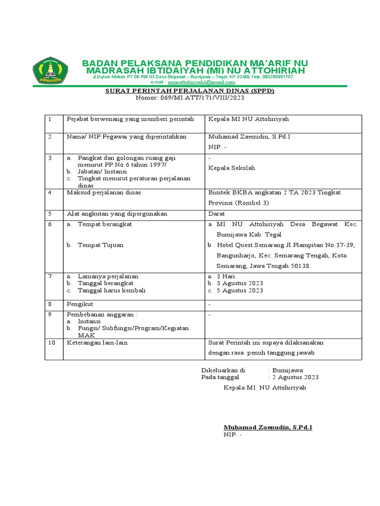 Contoh SPPD Sekolah Swasta Terbaru | PDF