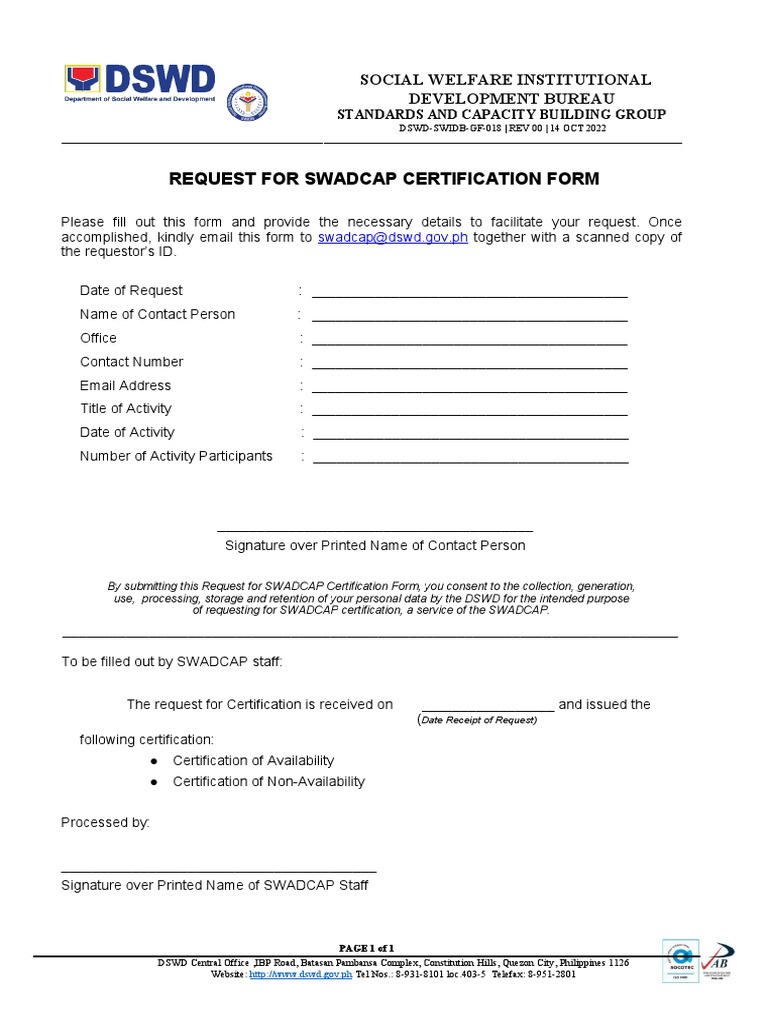 DSWD Swidb GF 018 Rev 00 Request For Swadcap Certification | PDF ...