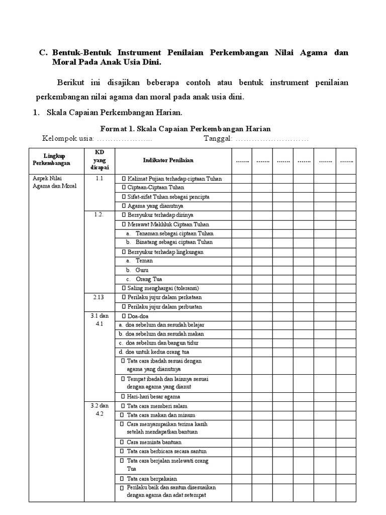 Contoh Instrumen Penilaian Perkembangan Nilai Agama Dan Moral Pada ...
