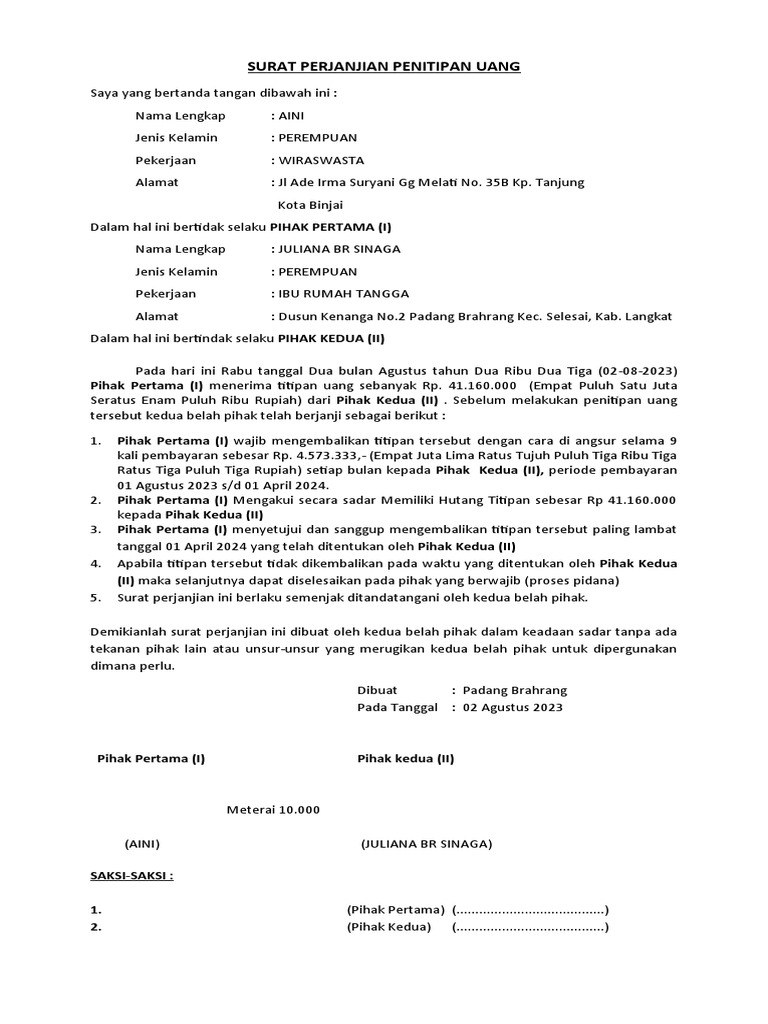 Surat Perjanjian Penitipan Uang Pdf