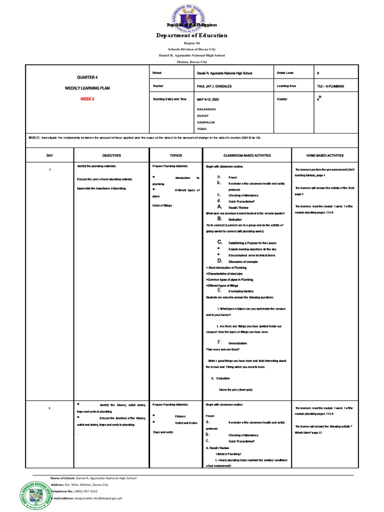 Grade 8 TLE Plumbing Weekly Plan | PDF