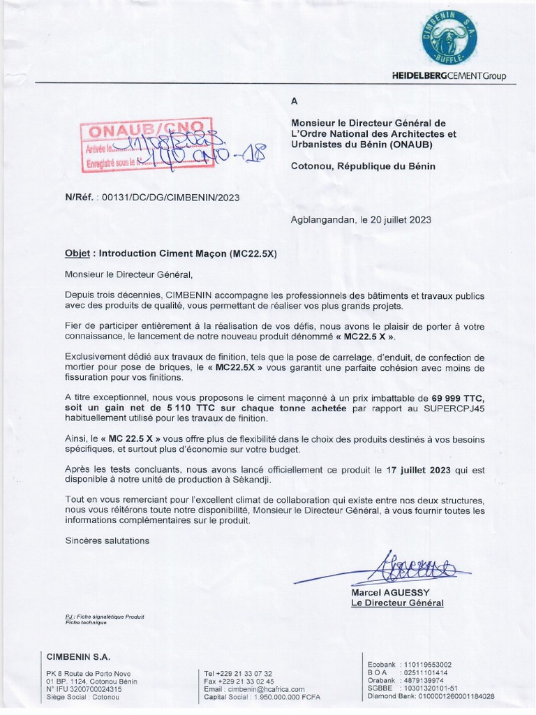 LETTRE 00131 CIMBENIN Introduction Ciment Maçon | PDF