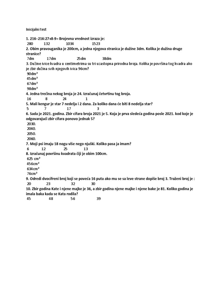 Inicijalni Test Matematika Peti | PDF