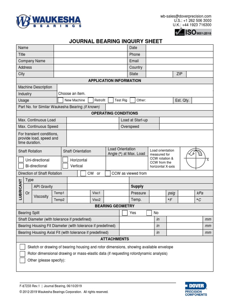 F-E7233-rev1-Journal Bearing Inquiry Sheet | PDF | Bearing (Mechanical) | Engineering Tolerance