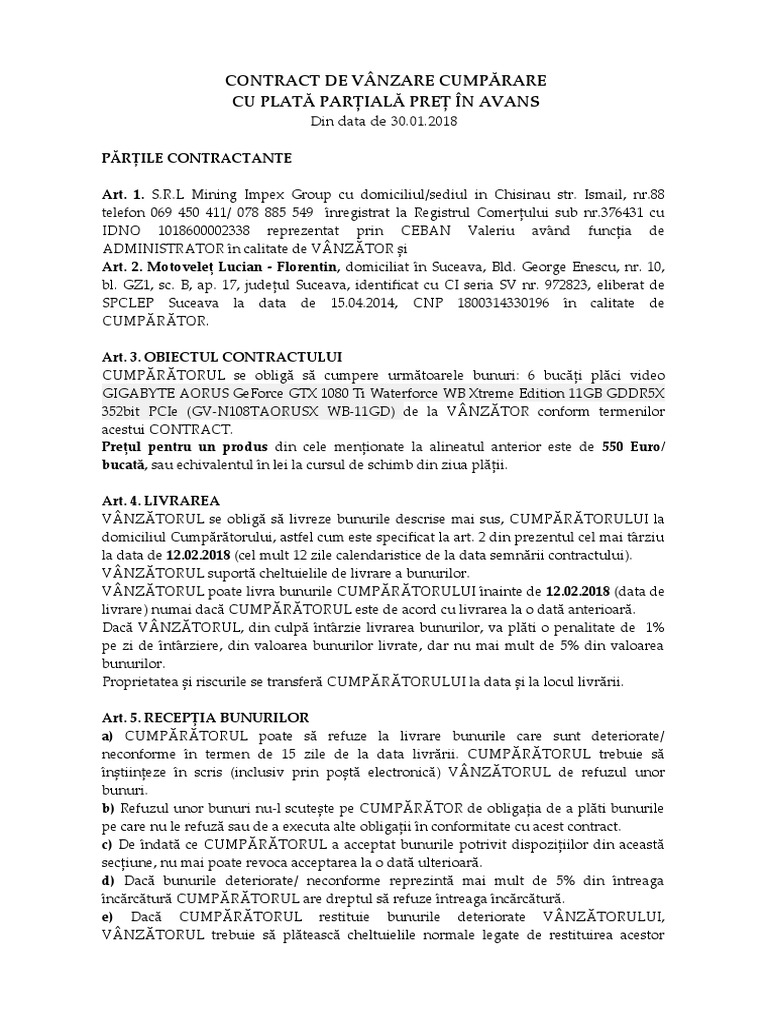 Contract de vanzare cumparare cu avans | PDF