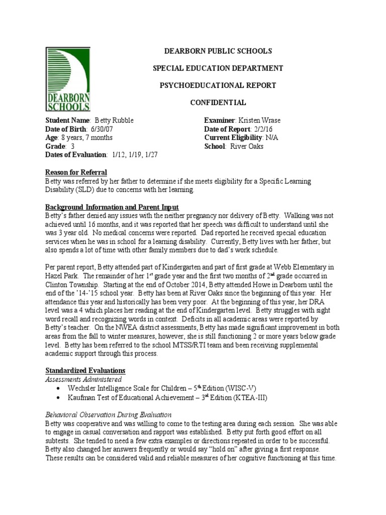 Sample Report SLD Ineligible | PDF | Wechsler Adult Intelligence Scale ...