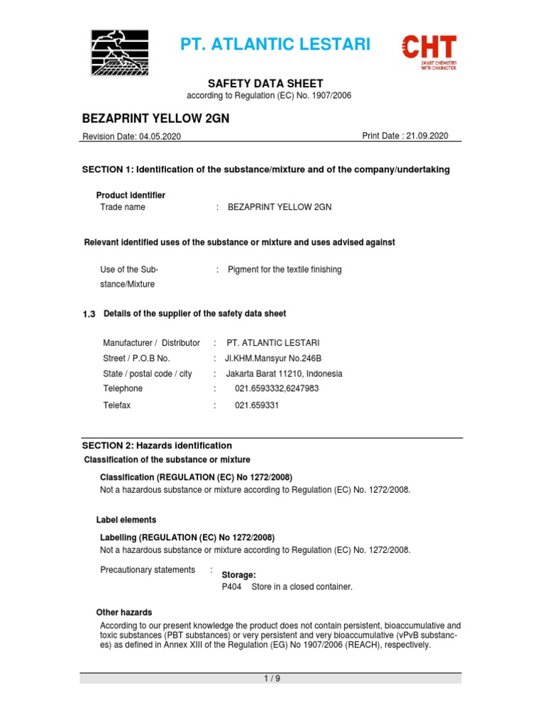 27 - MSDS.BEZAPRINT YELLOW 2GN_2020 | PDF | Dangerous Goods | Toxicity