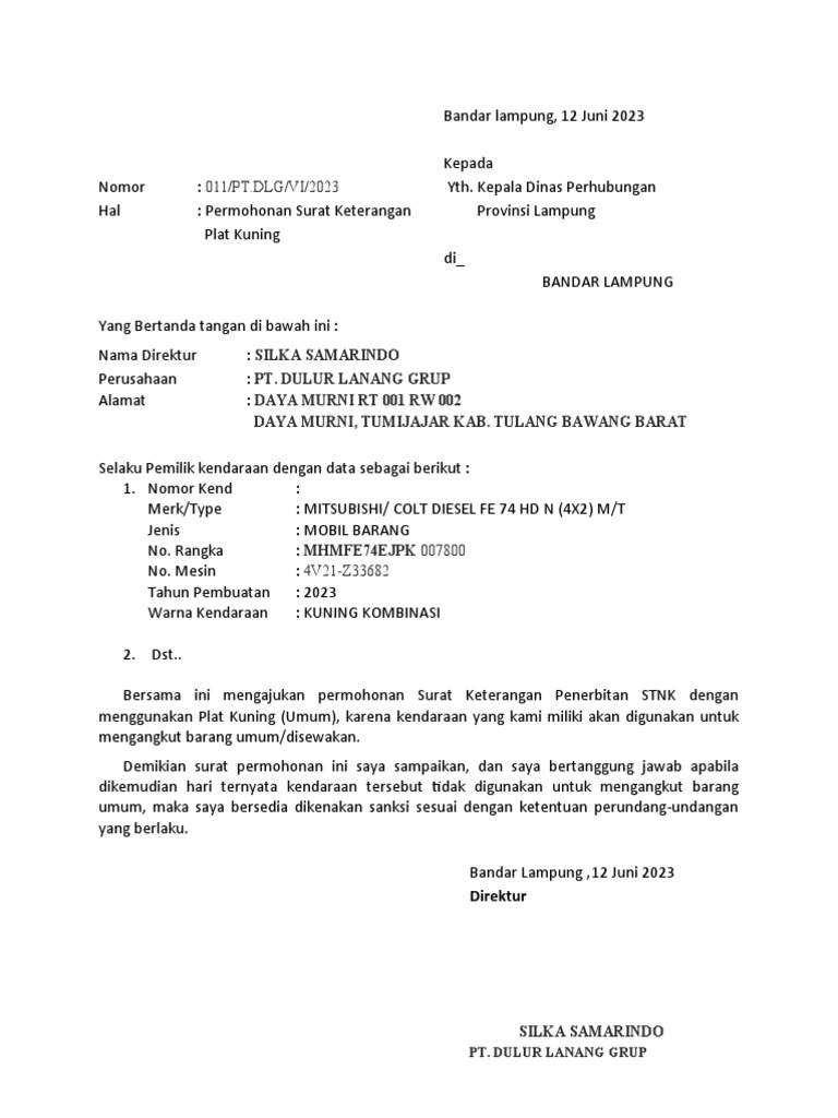 Surat Rekom Plat Kuning Pt.dulur Lanang | PDF