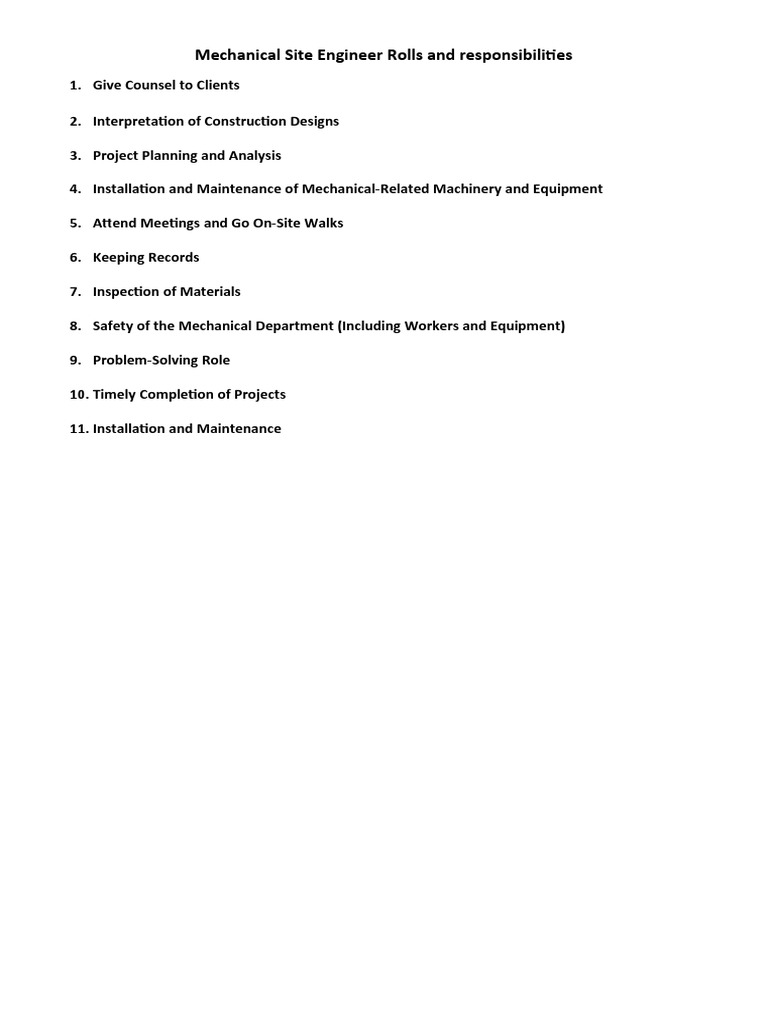 Mechanical Site Engineer Rolls and Responsibilities | PDF Mechanical Site Engineer Rolls and Responsibilities | PDF