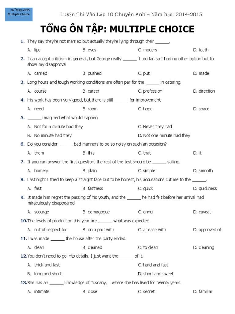 Multiple Choice Practice for 10th Grade | PDF