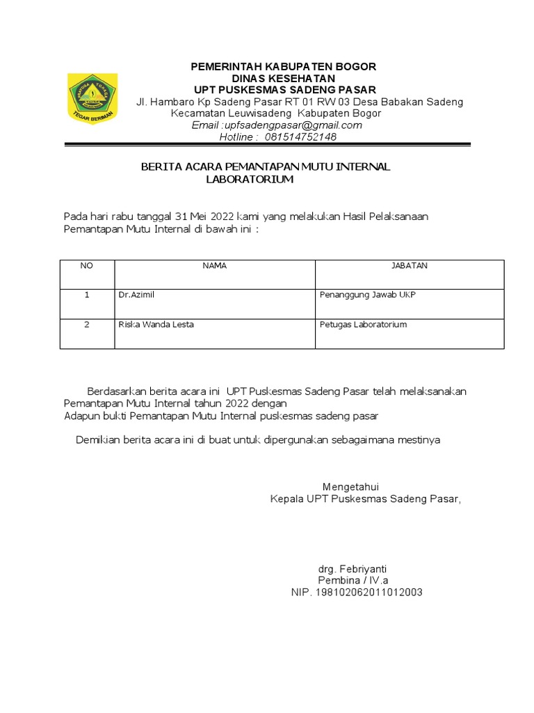 Berita Acara Pemantapan Mutu Internal | PDF