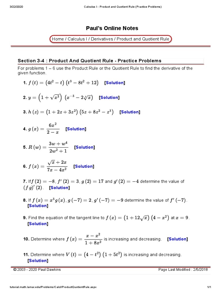(To Do by 29 Mar) Calculus I - Product and Quotient Rule (Practice ...