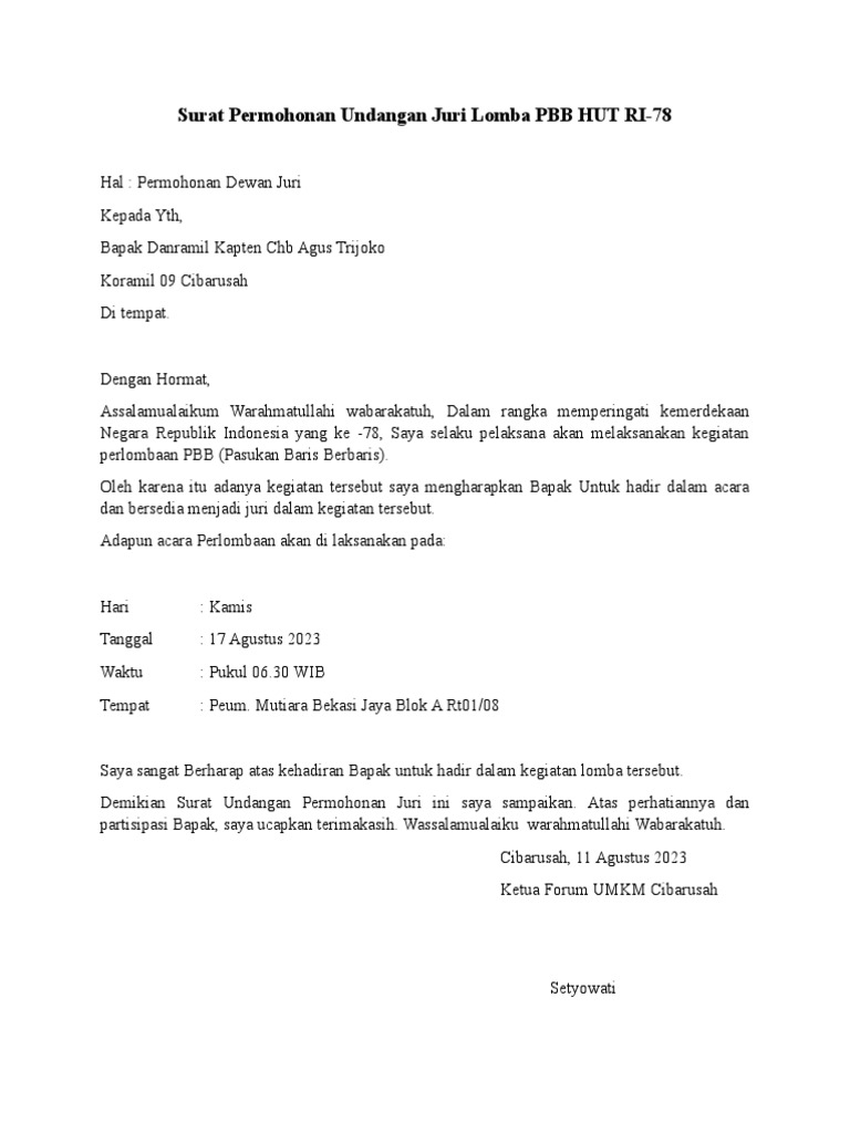 Surat Permohonan Undangan Juri Lomba PBB HUT RI | PDF