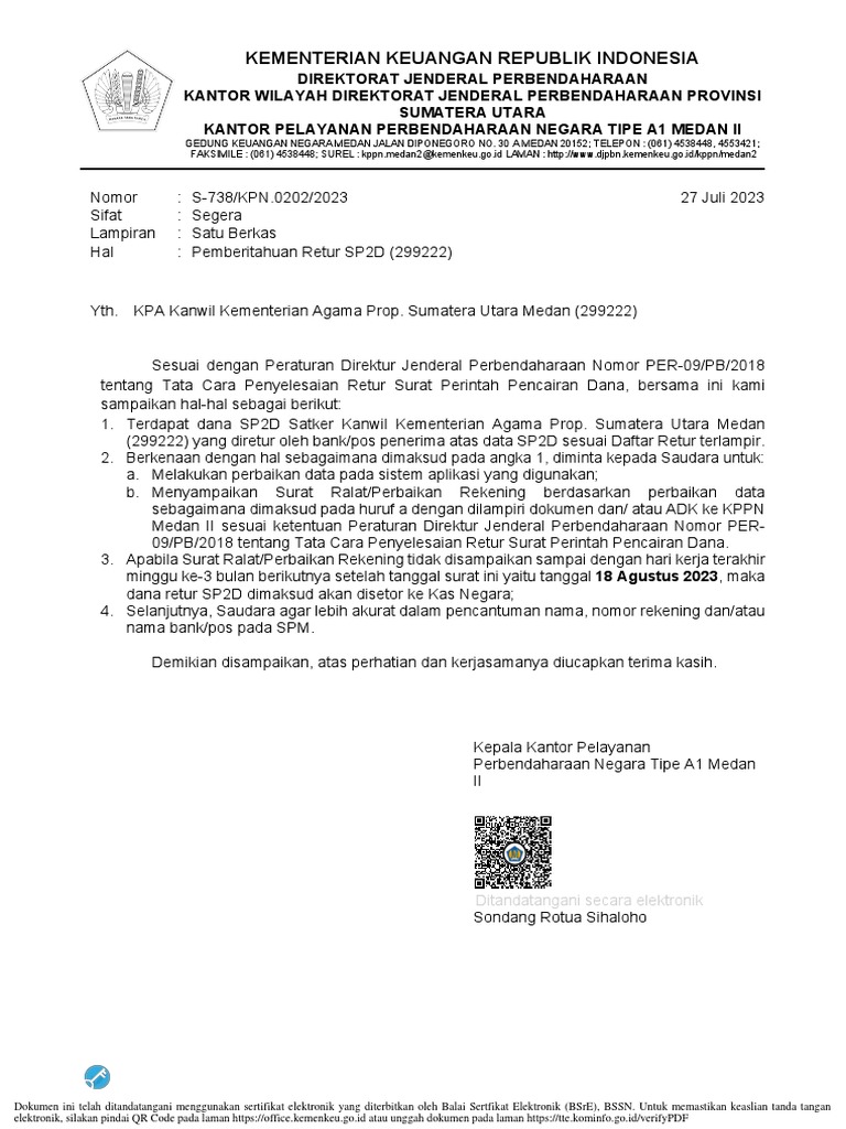 Pemberitahuan Retur SP2D (299222) | PDF
