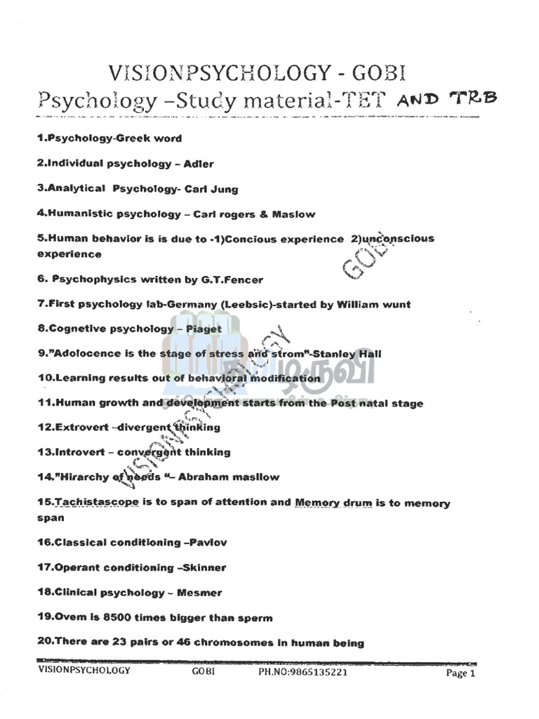 PG TRB Psychology Key Study Materials English Medium Tamilaruvi by Vision TRB | PDF