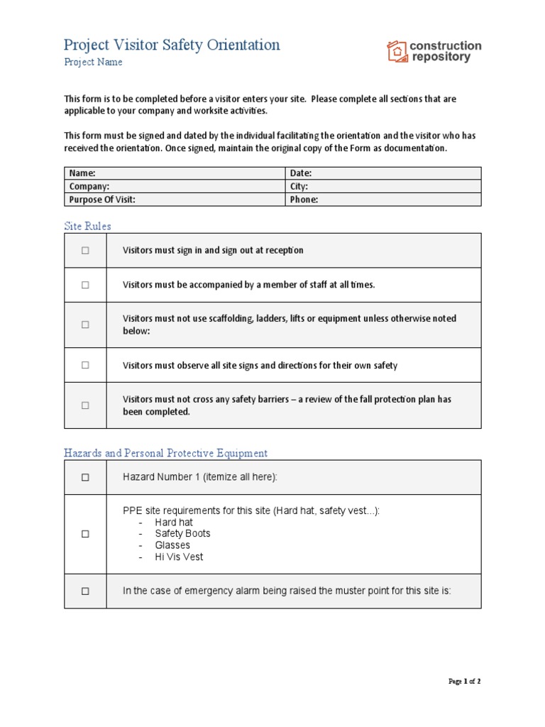 Visitor Safety Orientation Form | PDF | Personal Protective Equipment ...