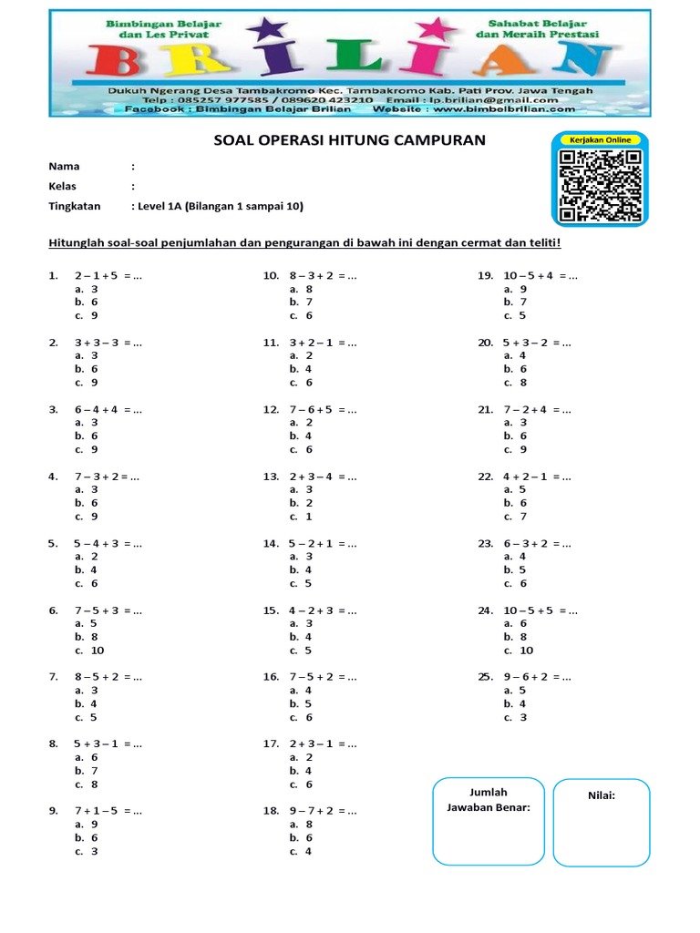 Operasi Hitung Campuran Level 1A Bilangan 1 Sampai 10 Pilihan Ganda | PDF