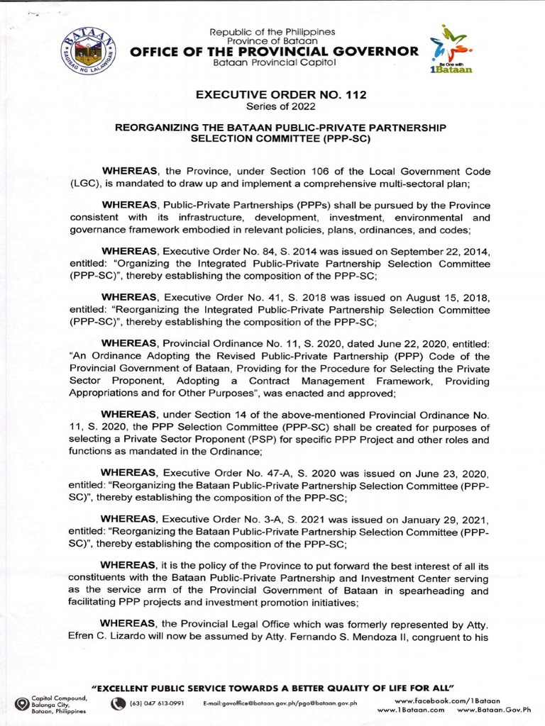 Executive Order No. 112 - Reorganizing The Bataan Public-Private ...